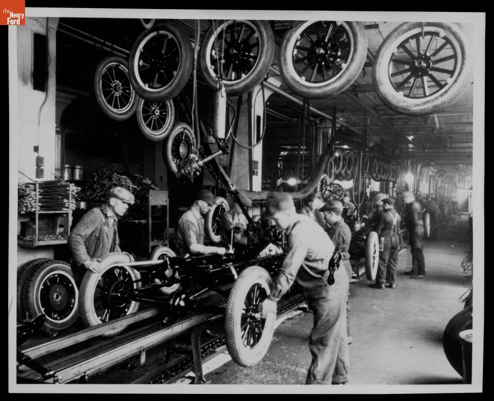 Workers Installing Tires on Ford Model T Assembly Line at Highland Park ...