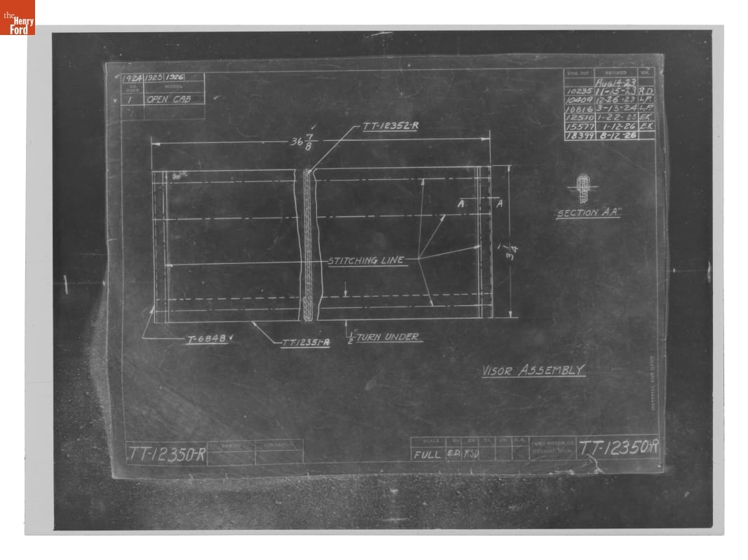 Drawing, "Visor Assembly," Ford Model T Truck, August 12, 1926