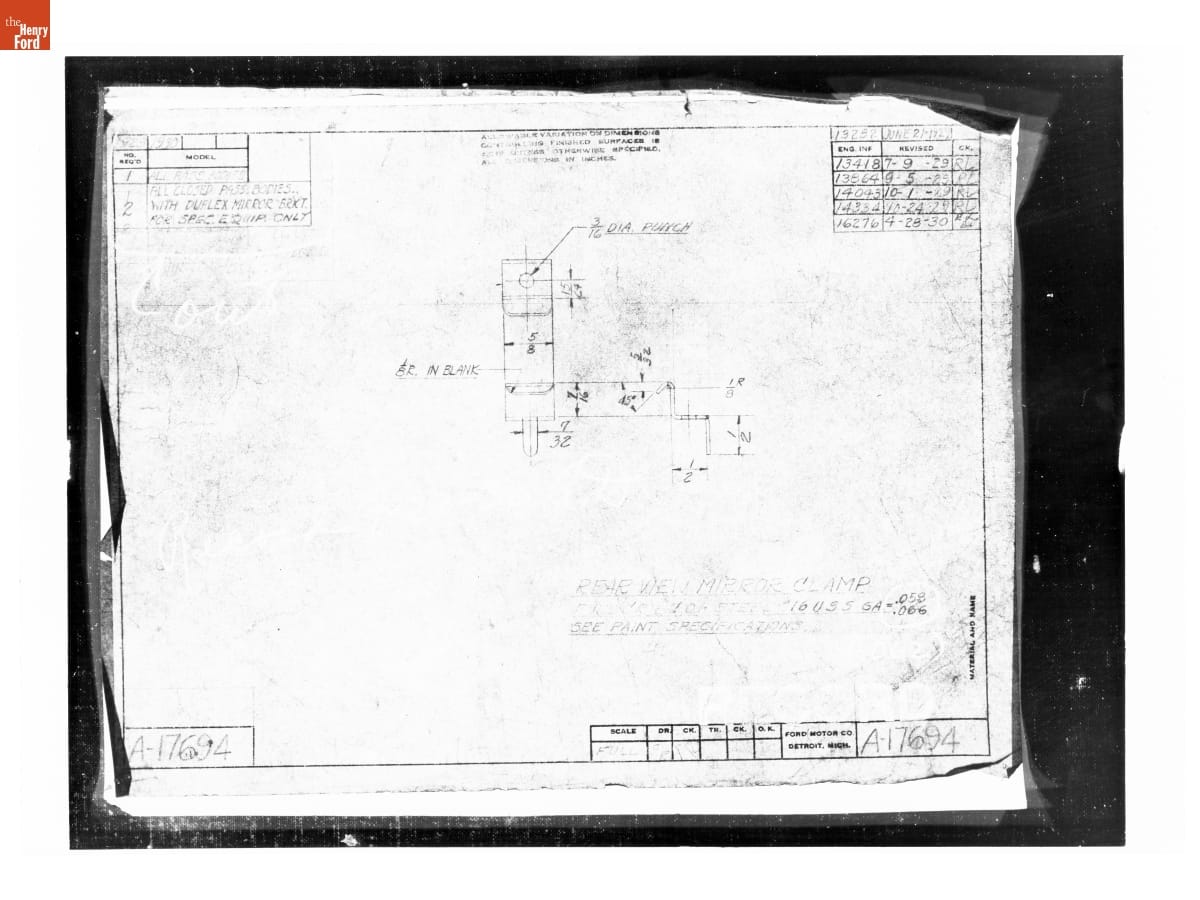 Drawing, "Rear View Mirror Clamp," Ford Model A, April 28, 1930 - The ...
