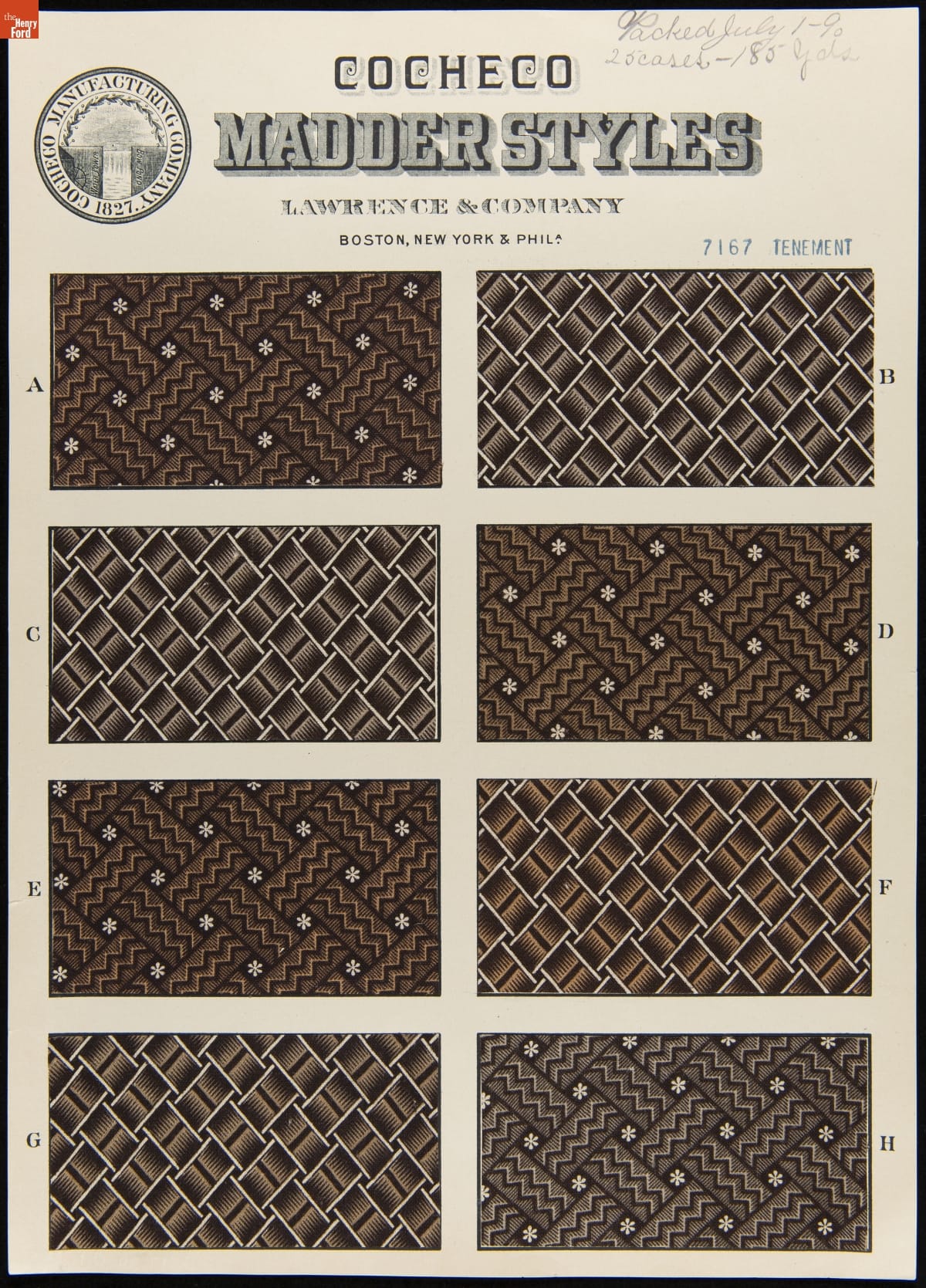 Sample Card for Textile Fabric Style No. 7167, "Tenement," Cocheco Mfg ...