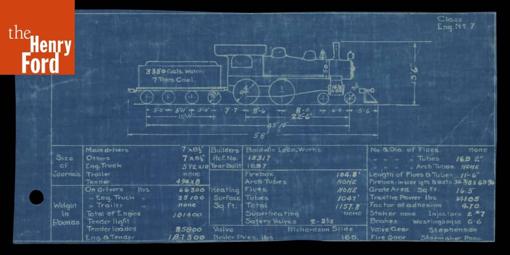 Blueprint Drawing of the 1897 Baldwin Steam Locomotive, "Engine No. 7 ...