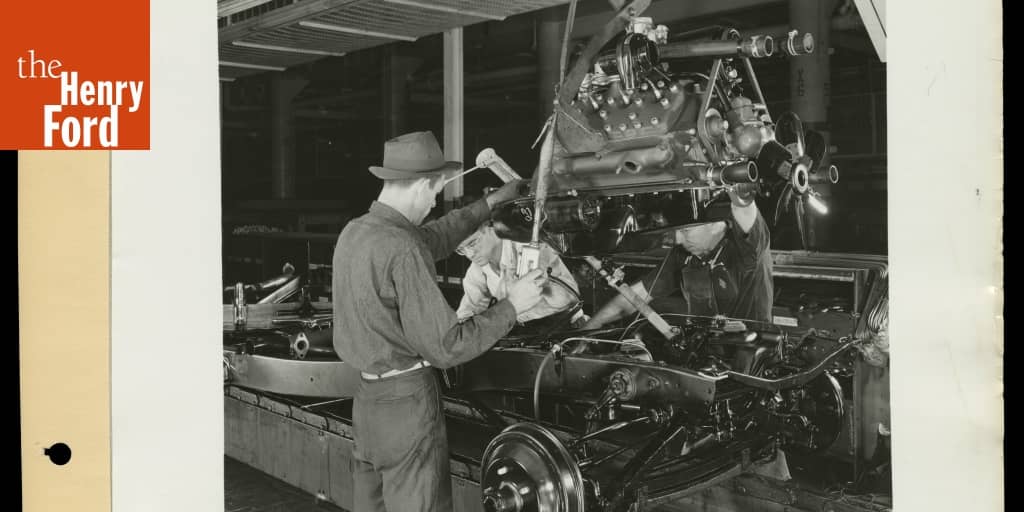 Mercury Assembly Line at the Ford Rouge Plant, Lowering Engine onto ...