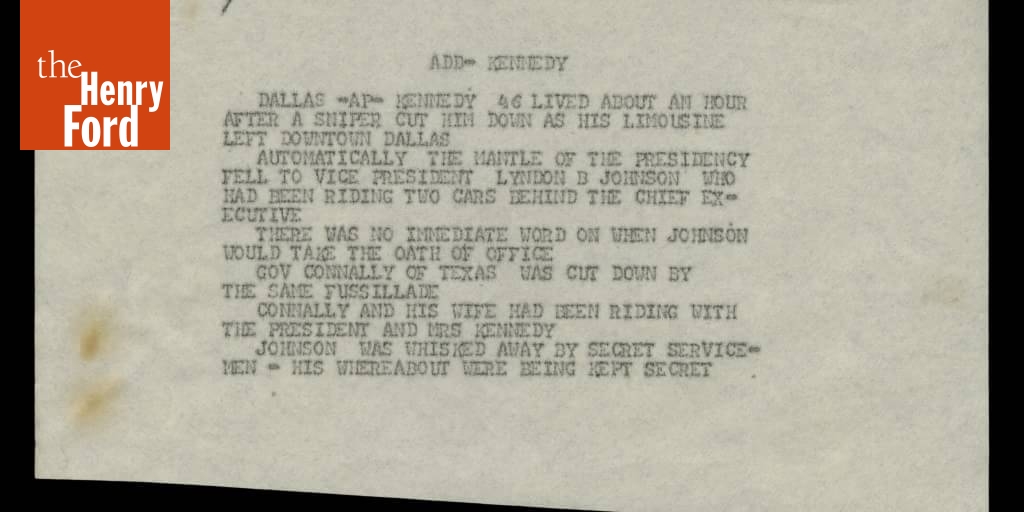 Teletype Message with Wire Service News Coverage of John F. Kennedy ...