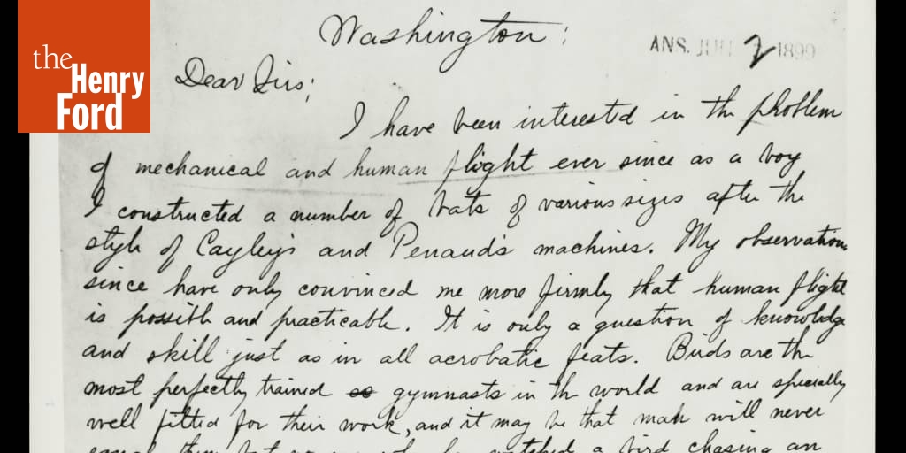 First Page of a Letter From Wilbur Wright to the Smithsonian Institution, May 30, 1899 - The ...