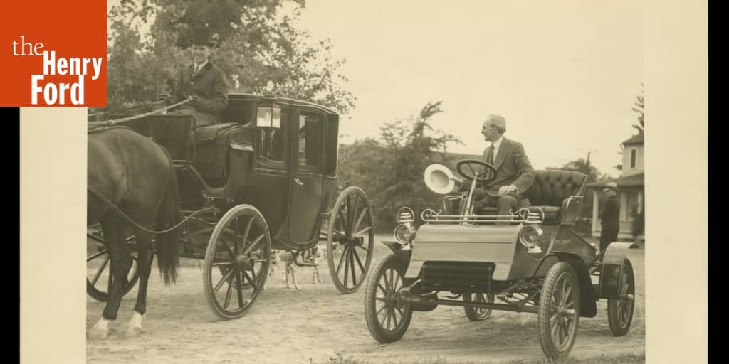 Henry Ford in a 1903-1904 Model A next to a Carriage on Ford Motor ...