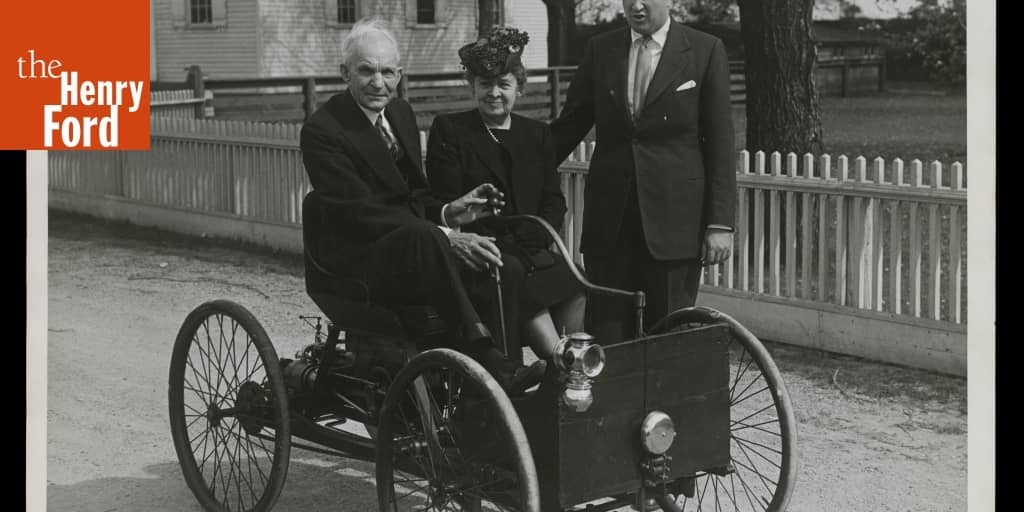 Henry Ford, Clara Ford, and Henry Ford II with 1896 Ford Quadricycle in ...