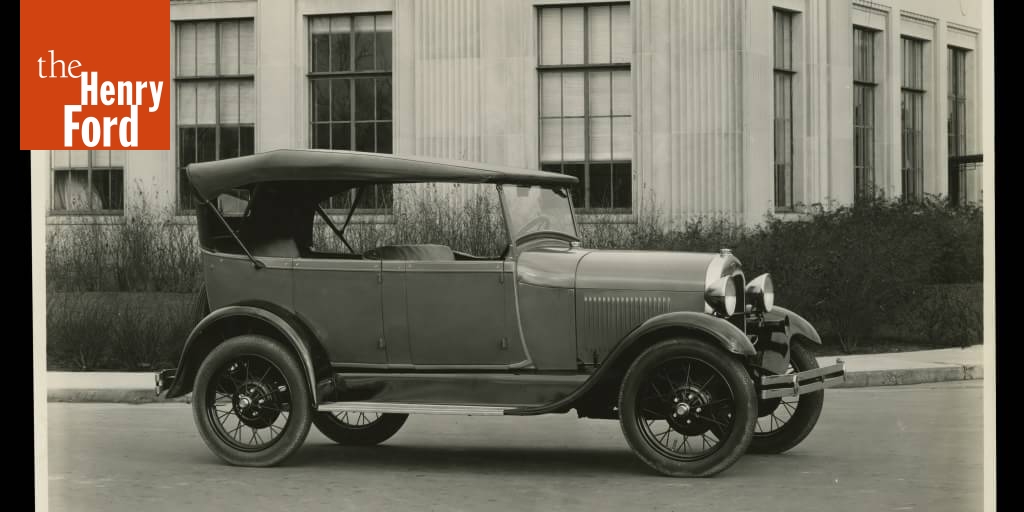 1928 Ford Model A Touring Car outside the Ford Engineering Laboratory ...