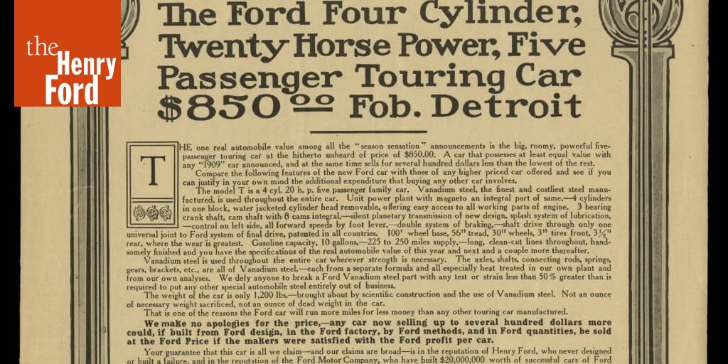 Advertisement for the 1909 Ford Model T, "The Ford Four Cylinder ...