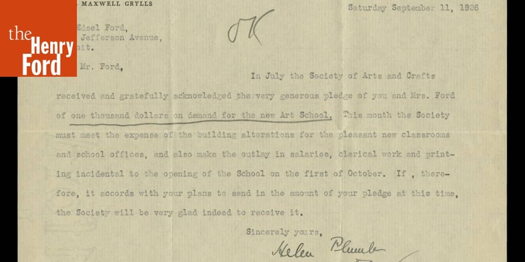 Letter from Helen Plumb, Society of Arts and Crafts, to Edsel Ford ...