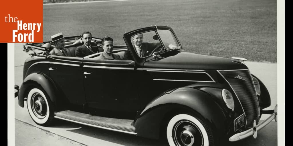 Henry Ford, Edsel Ford, Henry Ford II, and Benson Ford in 1937 Ford V-8 ...