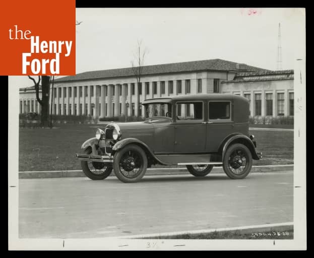 Ford Model A Fordor Sedan outside Ford Engineering Laboratory, April ...