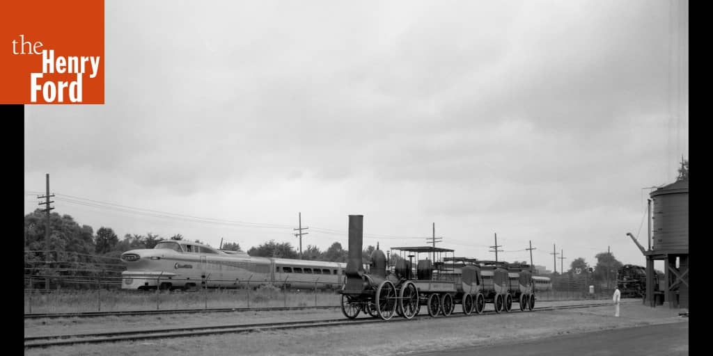 Replica of 1831 "DeWitt Clinton" Steam Locomotive alongside New York ...