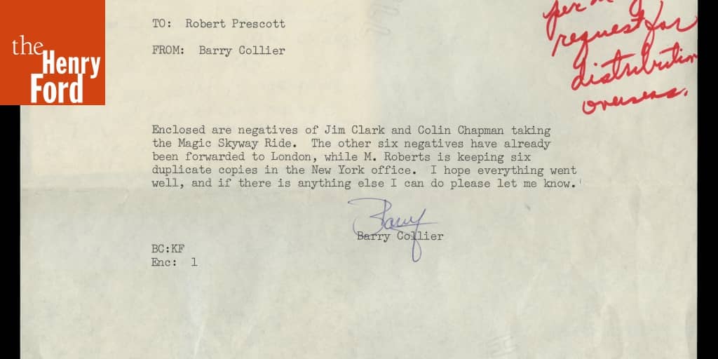 Ford Motor Company Memo regarding Photos of Jim Clark and Colin Chapman ...