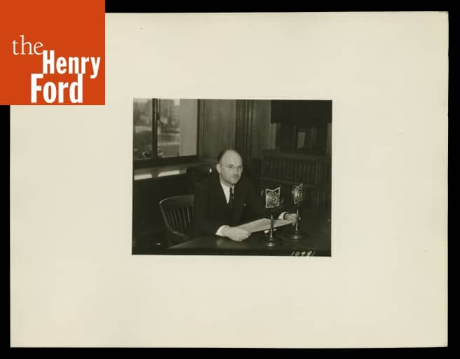 Ford Motor Company Engineer Larry Sheldrick Making a Radio Broadcast ...