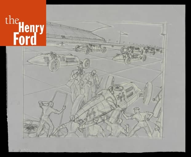 Drawing of an Automobile Racing Scene by William L. Mitchell, circa ...