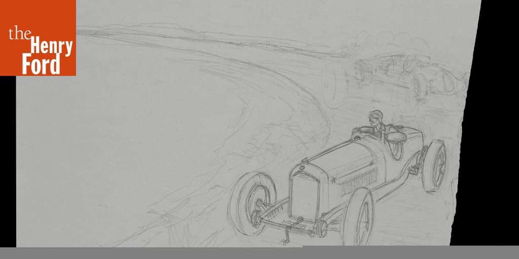 Pencil Sketch of an Automobile Racing Scene by William L. Mitchell ...