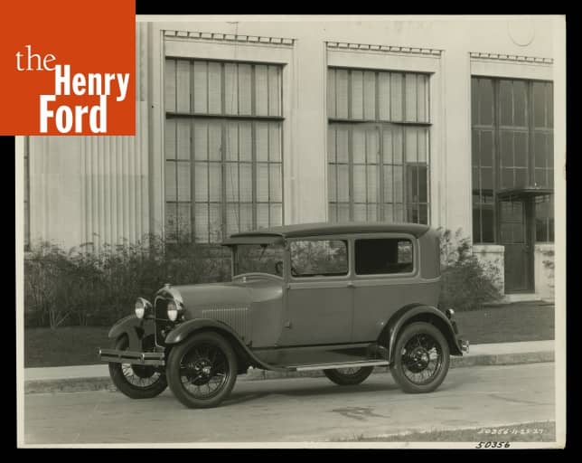 1928 Ford Model A Tudor Sedan outside the Ford Engineering Laboratory ...