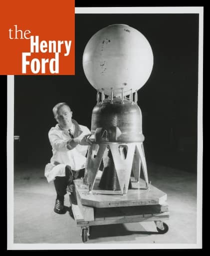 Engineer with Model of Spacecraft to Carry a Lunar Capsule, Ford Motor ...