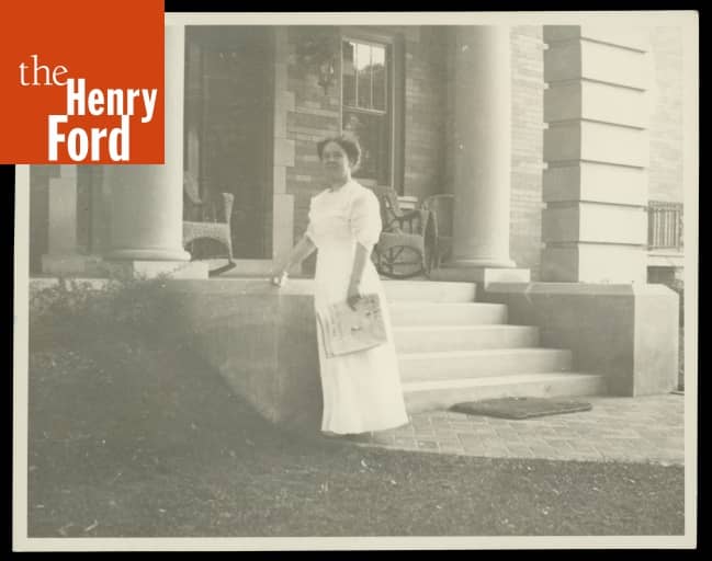 Clara Ford outside Ford Family Residence on Edison Avenue, Detroit ...