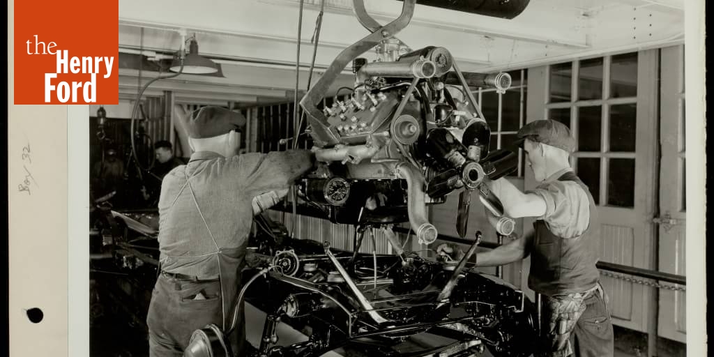 V-8 Engine Being Lowered into Ford Chassis on Assembly Line, 1939 - The ...
