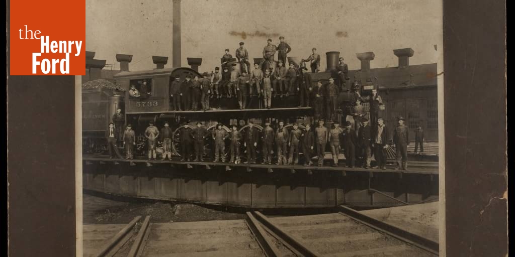 Railroad Workers Standing with Steam Locomotive on Turntable, circa ...