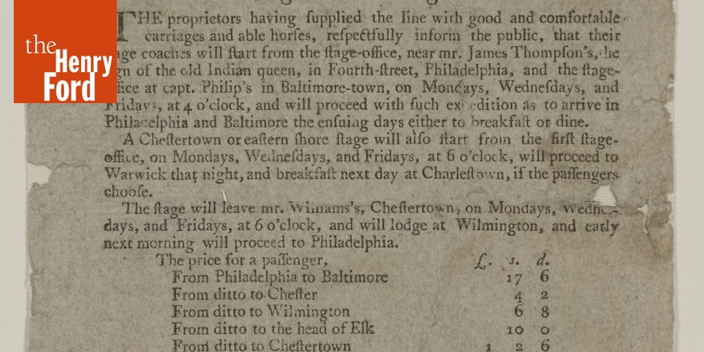 Broadside, "Philadelphia and Baltimore Regular Land Stages," 1788 - The ...