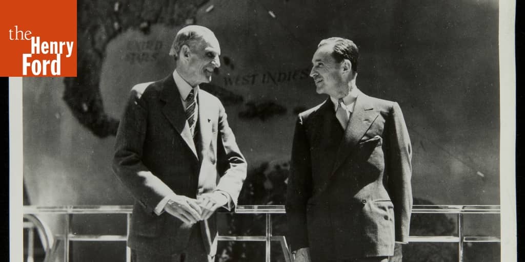 Henry Ford and Edsel Ford inside Ford Rotunda, Dearborn, Michigan, 1936 ...