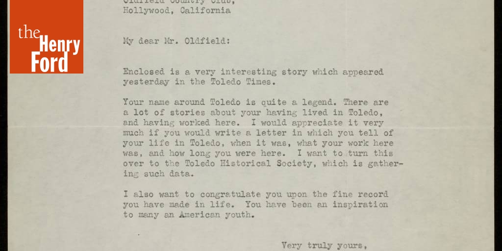 Letter from Frazier Reams to Barney Oldfield Requesting Biographical ...