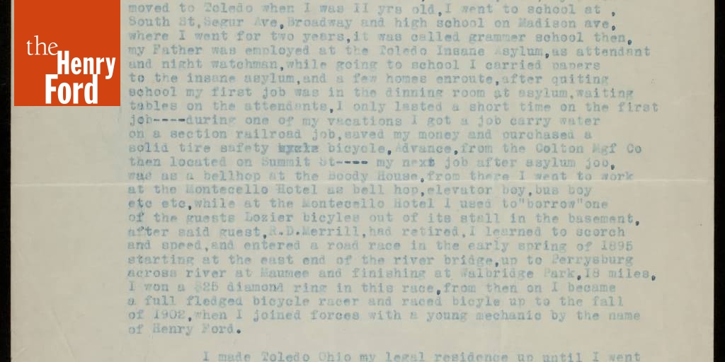 Letter from Barney Oldfield to Frazier Reams with Biographical ...