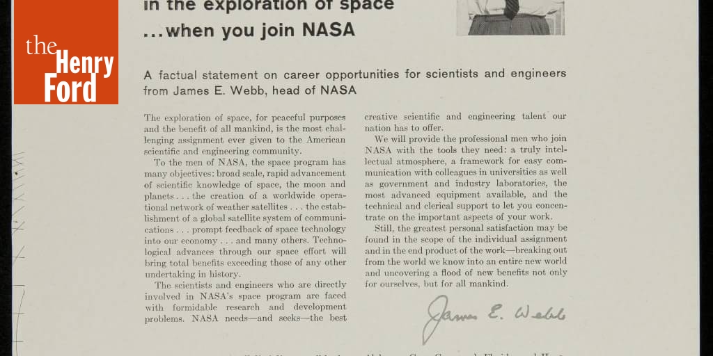 Recruiting Advertisement for NASA, "You Can be Sure to Play an ...
