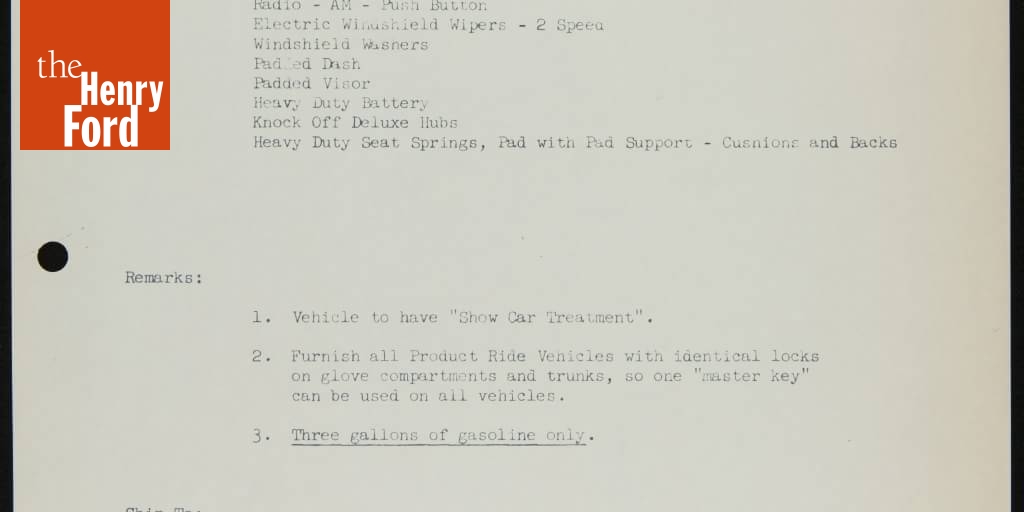Ford Motor Company Memo with Specifications for the Mustang Car to be ...