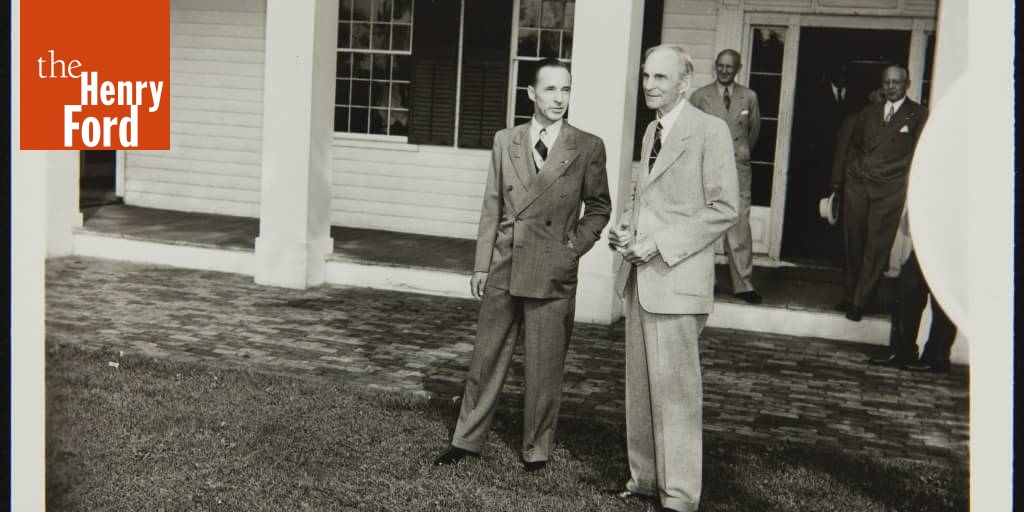 Henry Ford and Edsel Ford outside Eagle Tavern in Greenfield Village ...