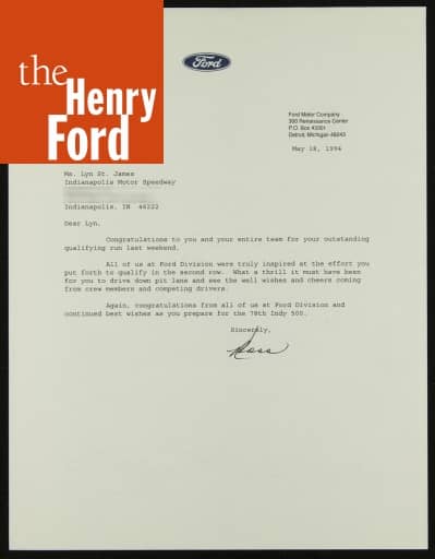 Congratulatory Letter to Lyn St. James from Ross H. Roberts of Ford ...
