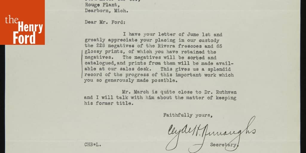 Letter from Clyde Burroughs to Edsel Ford regarding Fresco Photographs ...