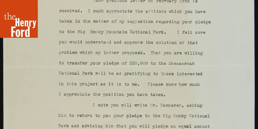 Letter from John D. Rockefeller Jr. to Edsel Ford regarding Donation to ...