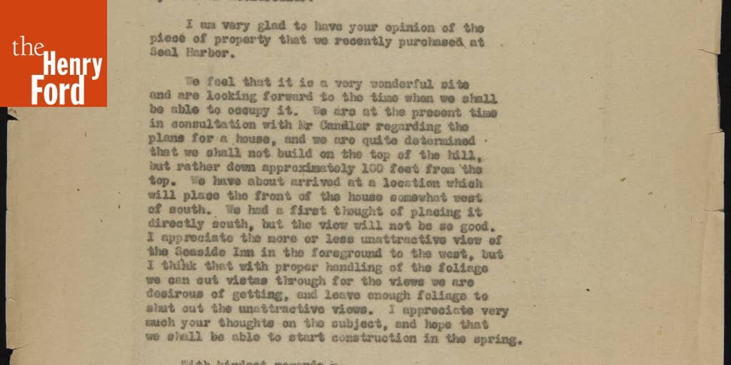 Letter from Edsel Ford to John D. Rockefeller Jr. regarding Property at ...