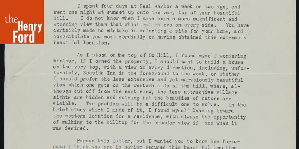 Letter from John D. Rockefeller Jr. to Edsel Ford regarding Property at ...