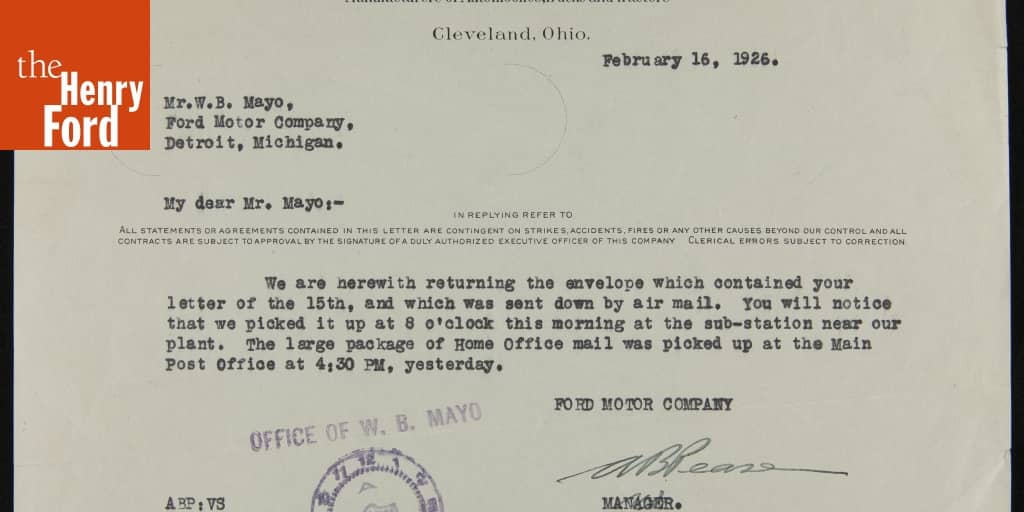 Letter from Ford Motor Company Cleveland Branch Manager A.B. Pease ...
