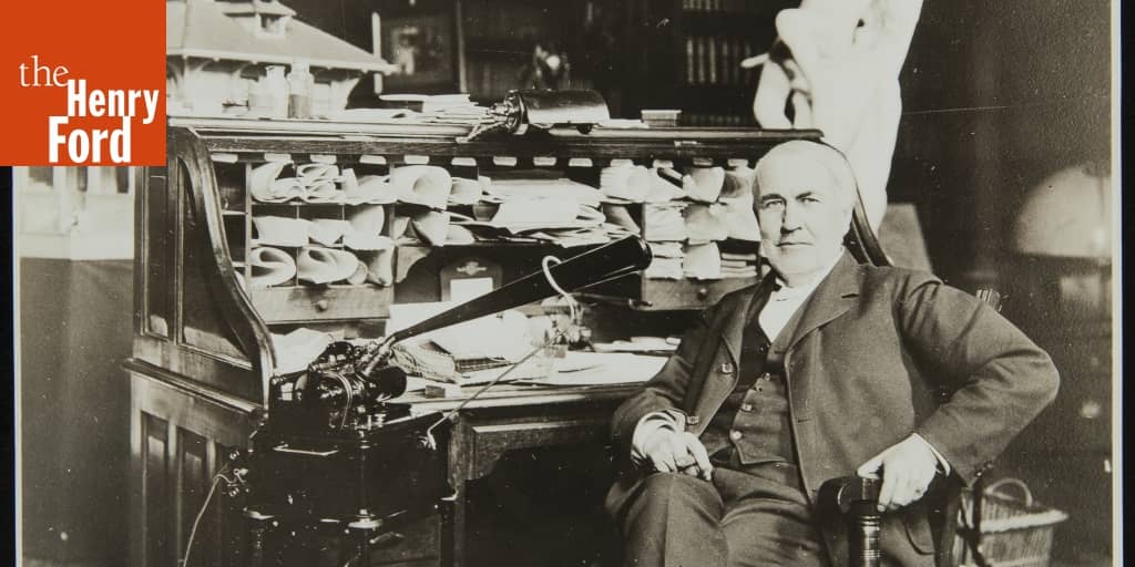 Thomas Edison with an "Ediphone" Dictation Machine at His Desk in the ...
