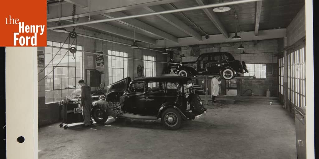 Mechanics Working on Cars at A.J. Huck Super Service Station, 8900 ...