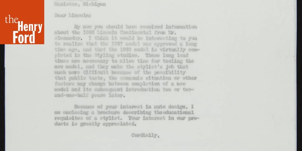 Letter from Ford Public Relations Explaining the Automotive Design ...