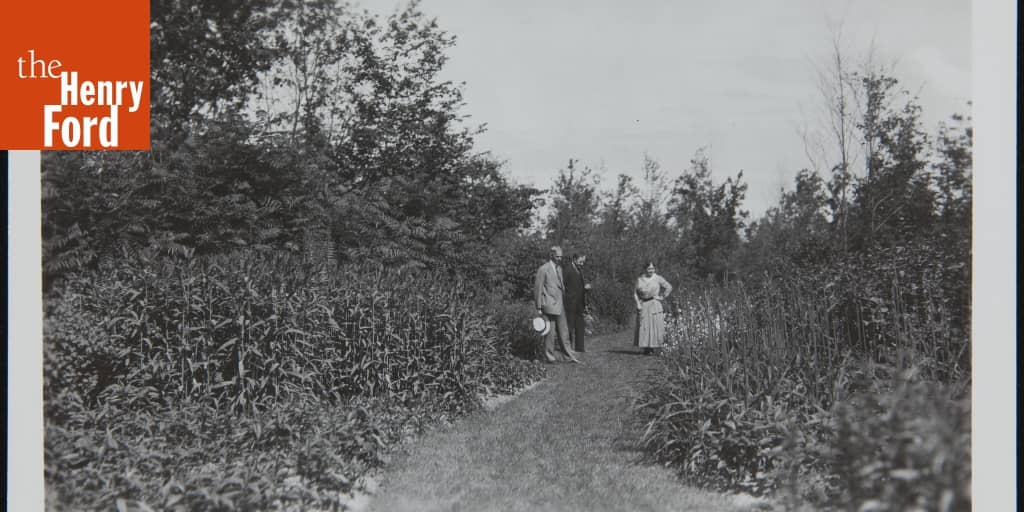 Henry Ford, Clara Ford, and Milton Bryant in Fair Lane Garden, circa ...