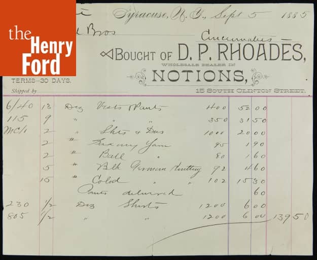 Invoice for Purchase of Notions by Cogswell Brothers from D. P. Rhoades ...