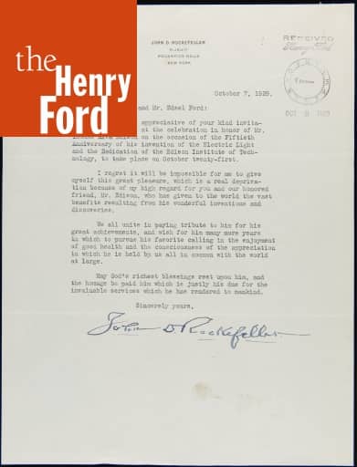 Letter from John D. Rockefeller to Henry Ford and Edsel Ford, October 7 ...
