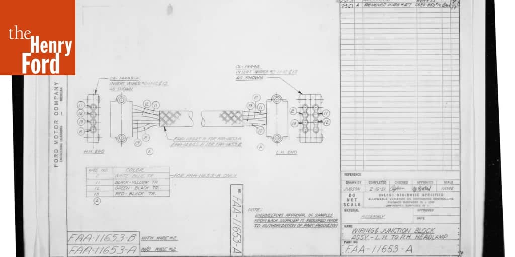 Drawing, "Wiring & Junction Block Ass'y, L.H. to R.H. Headlamp," Ford ...