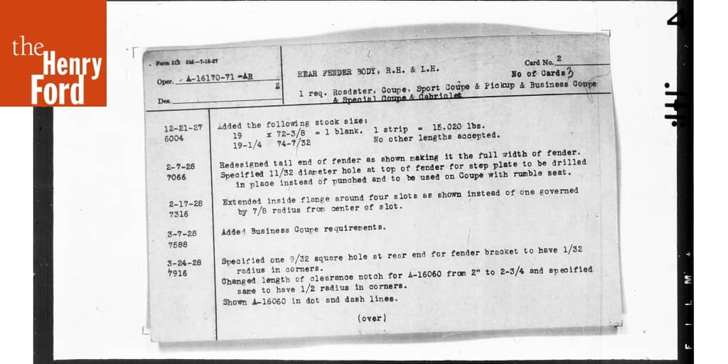 Engineering Release Notes, "Rear Fender Body, R.H. & L.H.," Ford Model ...