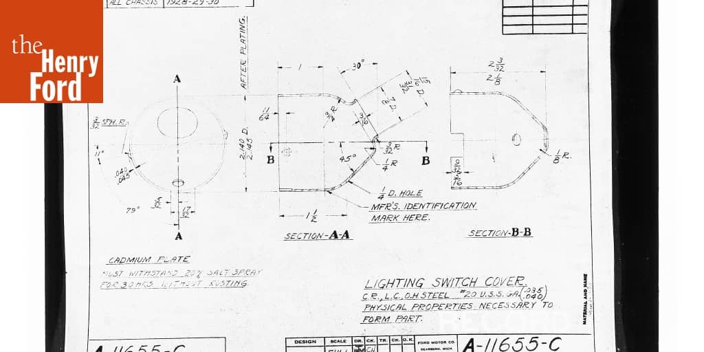 Drawing, "Lighting Switch Cover," Ford Model A, January 13, 1930 - The ...