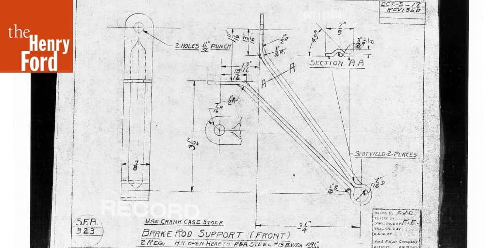 Drawing, "Brake Rod Support (Front)," Ford Model T Ambulance, October 5 ...