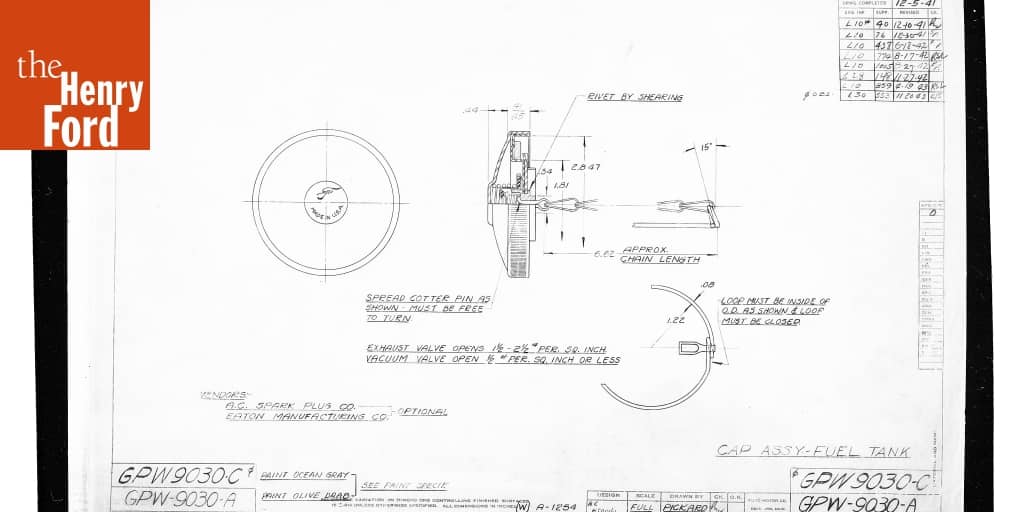 Drawing, "Cap Assy - Fuel Tank," Ford GPW, November 20, 1943 - The ...