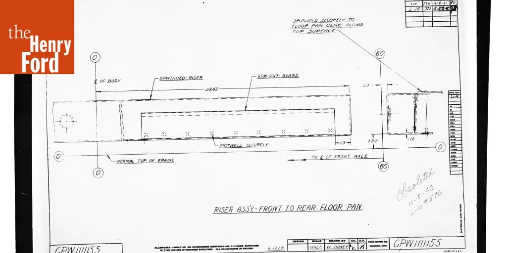 Drawing, "Riser Ass'y. - Front to Rear Floor Pan," Ford GPW, November 5 ...